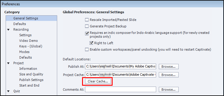 Setting project preferences in Adobe Captivate Classic